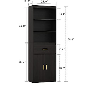 Homsee Tall Bookcase Bookshelf with 3 Tier Open Shelves, 1 Drawer and 2 Doors, Wooden Display Storage Cabinet for Home Office, Living Room, Black and Brown