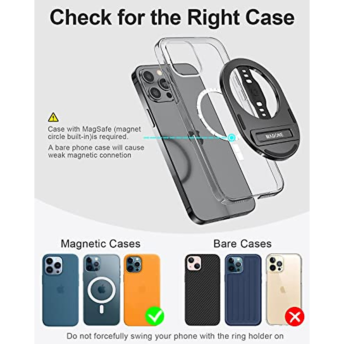 EWA The MagOne Plus Compatible with MagSafe Phone Grip Stand with Silicone Finger Strap, Removable Magnetic Holder Kickstand, Strong Magnets Stick to Metal, Only for iPhone 14, 13, 12 Pro/Max/Plus