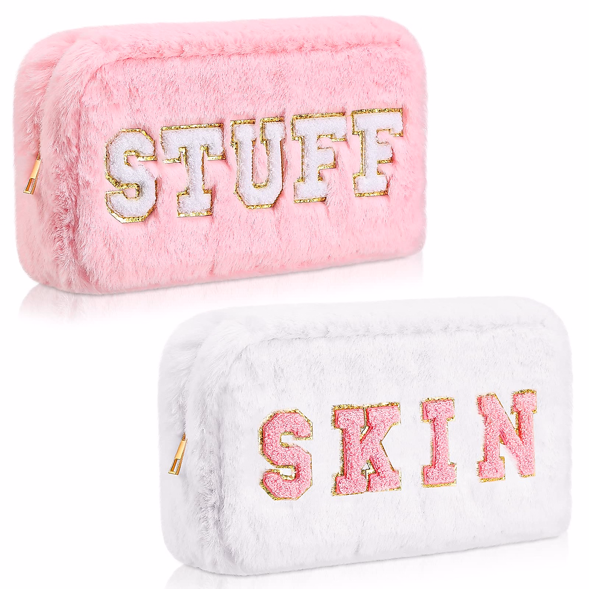 Chunful 2 Pcs Chenille Letter Makeup Bag Fluffy Cosmetics Bag with Zipper Large Preppy Patch Make up Bags Skin Stuff Bag Faux Fur Cosmetic Toiletry Bag for Women Gift(Pink, White)