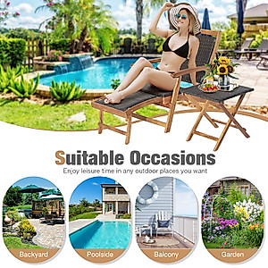 RELAX4LIFE Patio Lounge Chair Set - Outdoor Acacia Wood Chaise Lounge w/Side Table, Armrest & Retractable Ottoman, Rattan Seat, Tabletop, Quick Folding Sunbathing Chair for Backyard, Poolside (2)