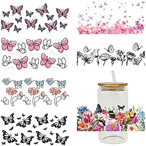 Pink UV DTF Cup Wrap, 1/7Sheets Flower Butterfly Coffee Cup Rub on Transfers for Glass Cups, UV DTF Cup Wrap Transfer Stickers Decals Waterproof Rub on Transfers for Glass Cups Crafts Vintage Iron-on