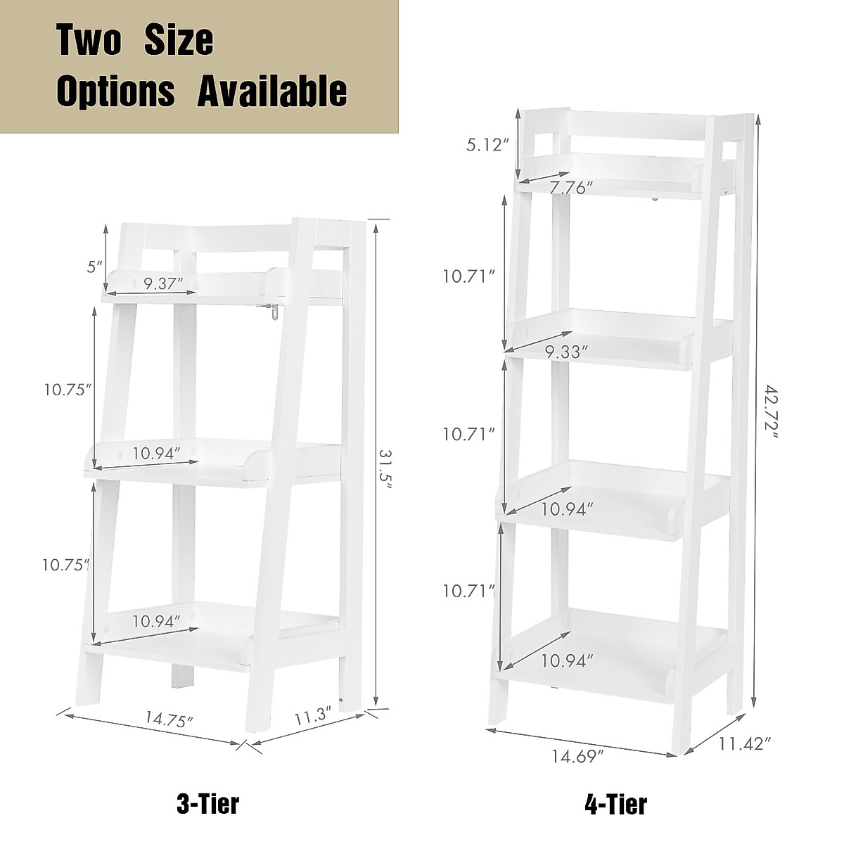 UTEX 4-Tier Ladder Shelf, Bathroom Shelf Freestanding, 4-Shelf Spacesaver Open Wood Shelving Unit, Ladder Shelf (White)