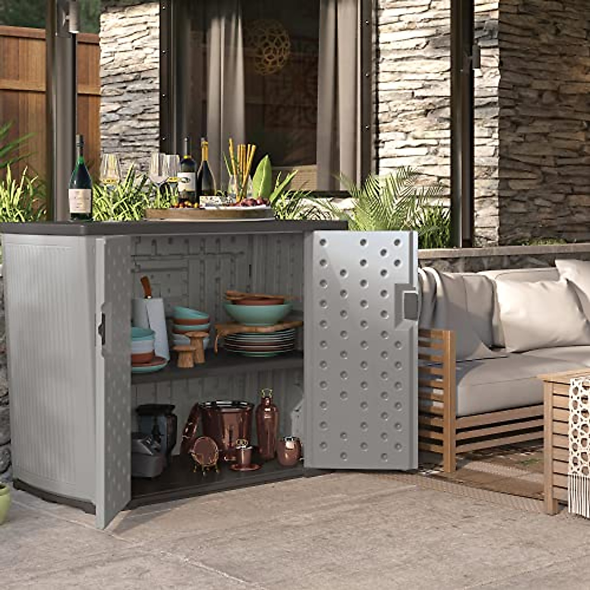 Suncast Backyard Oasis Outdoor Storage Unit, 130 Gallons, Peppercorn