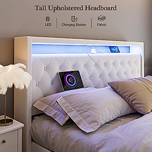 WELTOKE King Size Lift Up Storage Bed Frame, Heavy Duty King Platform BedFrame with Upholstered Tufted Headboard, Hydraulic Storage/LED Lights/Charging Station, Modern Beige