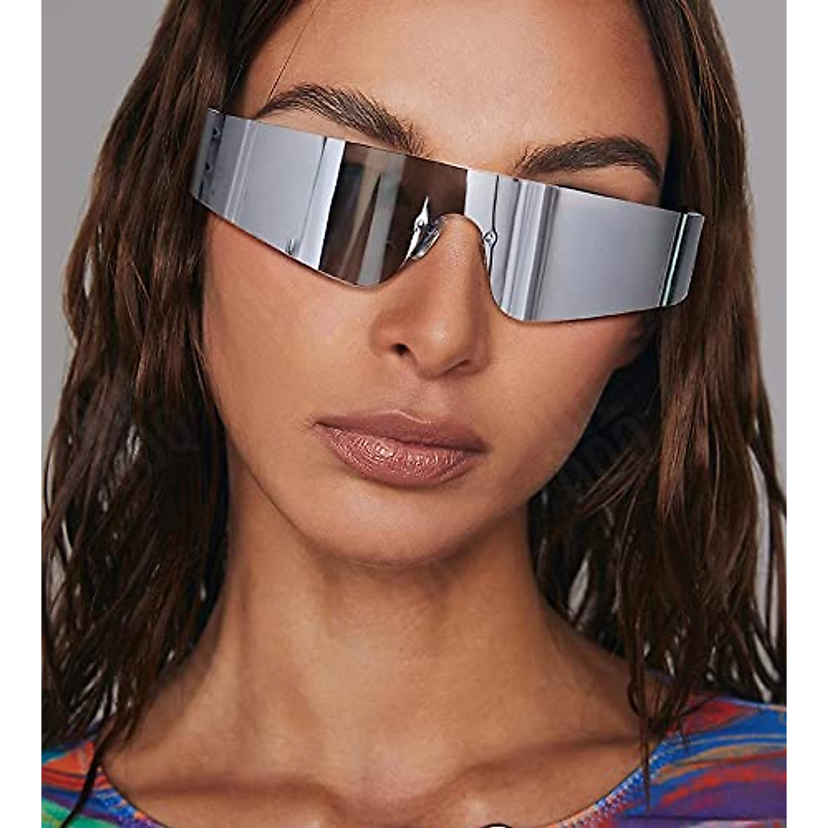 NULOOQ Y2K Rimless Futuristic Wrap Around Sunglasses Women Men, Trendy Cyberpunk Visor Sunglasses Monoblock Cyclops Shades (Black Frame/Gray Lens)