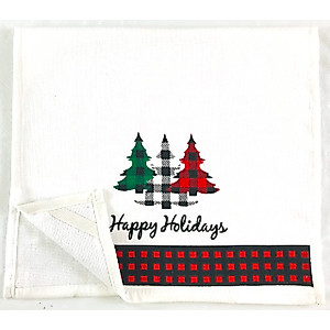 Farmhouse Christmas Kitchen Hand Towels: Postal Country Truck and Trees Herringbone Cotton Weave with Decorative Checkered Prints on Terrycloth with Easy Hang Fabric Loops (Farm Fresh Trees)