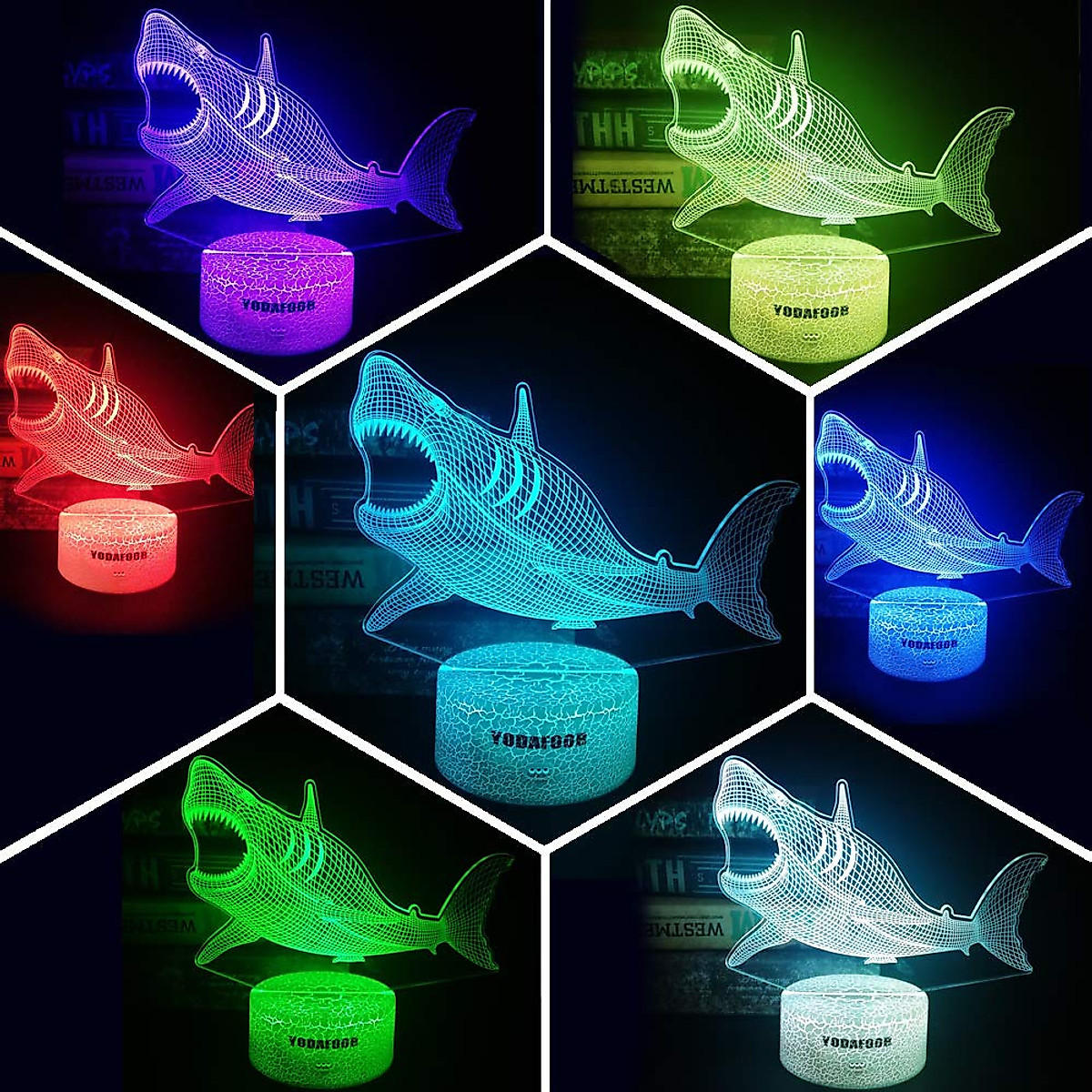 YODAFOOR Shark Night Light, 3D Illusion Megalodon Night Lamp for Kids, 16 Color Changing with Dimmable Remote Control, Toy Shark Birthday Christmas Gifts for Girls Boys, Bedroom Shark Theme Decor