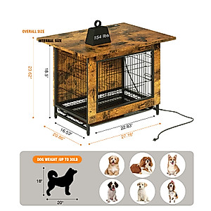 WASAGUN Wood Dog Kennel End Table with Pull-Out Tray, Power Outlets - For Small & Medium Dogs up to 30 lb, Brown