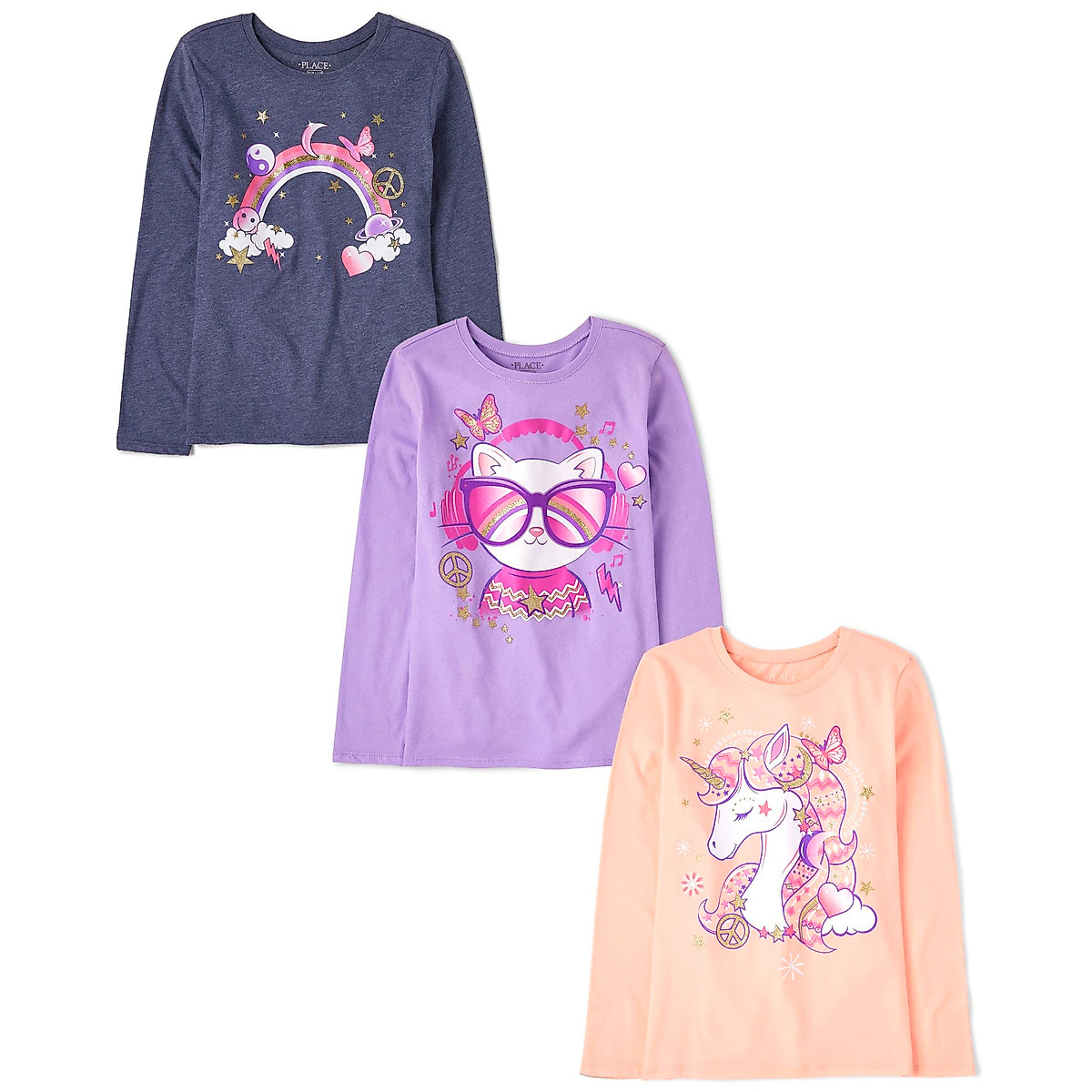 The Children's Place Girls Unicorn Long Sleeve Graphic T-Shirts,Multipacks Rainbow/Music Cat/Unicorn 3-Pack Medium