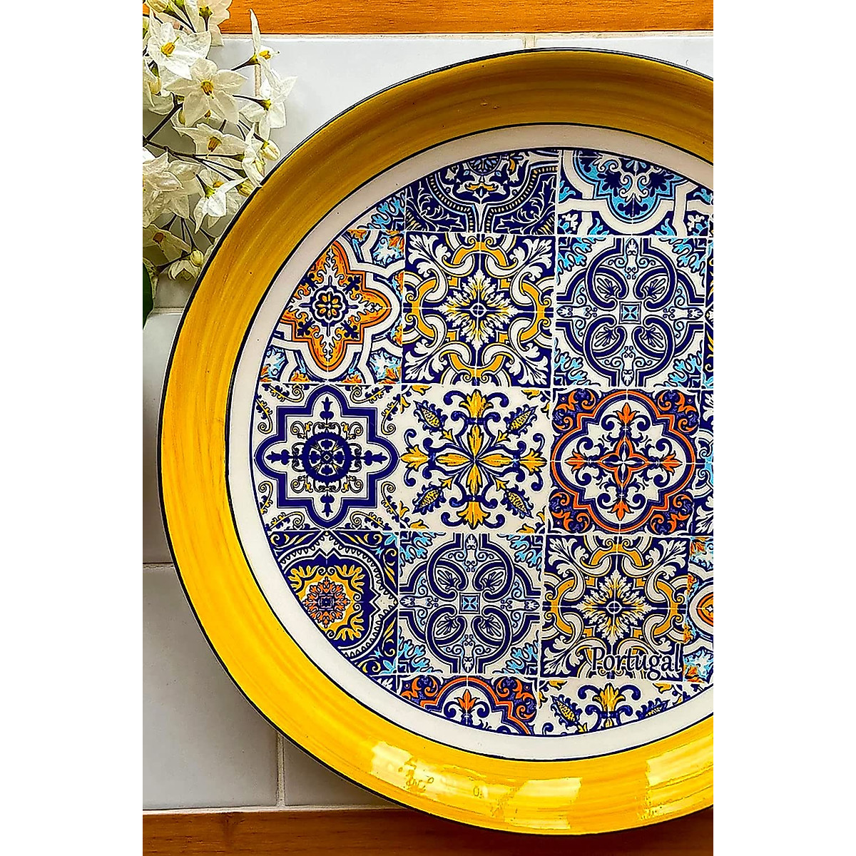 Alcoa Arte Portuguese Pottery Alcobaca Ceramic Decorative Salad Serving Bowl (Yellow) 023 10*10*2.5Inch (L x W x H)