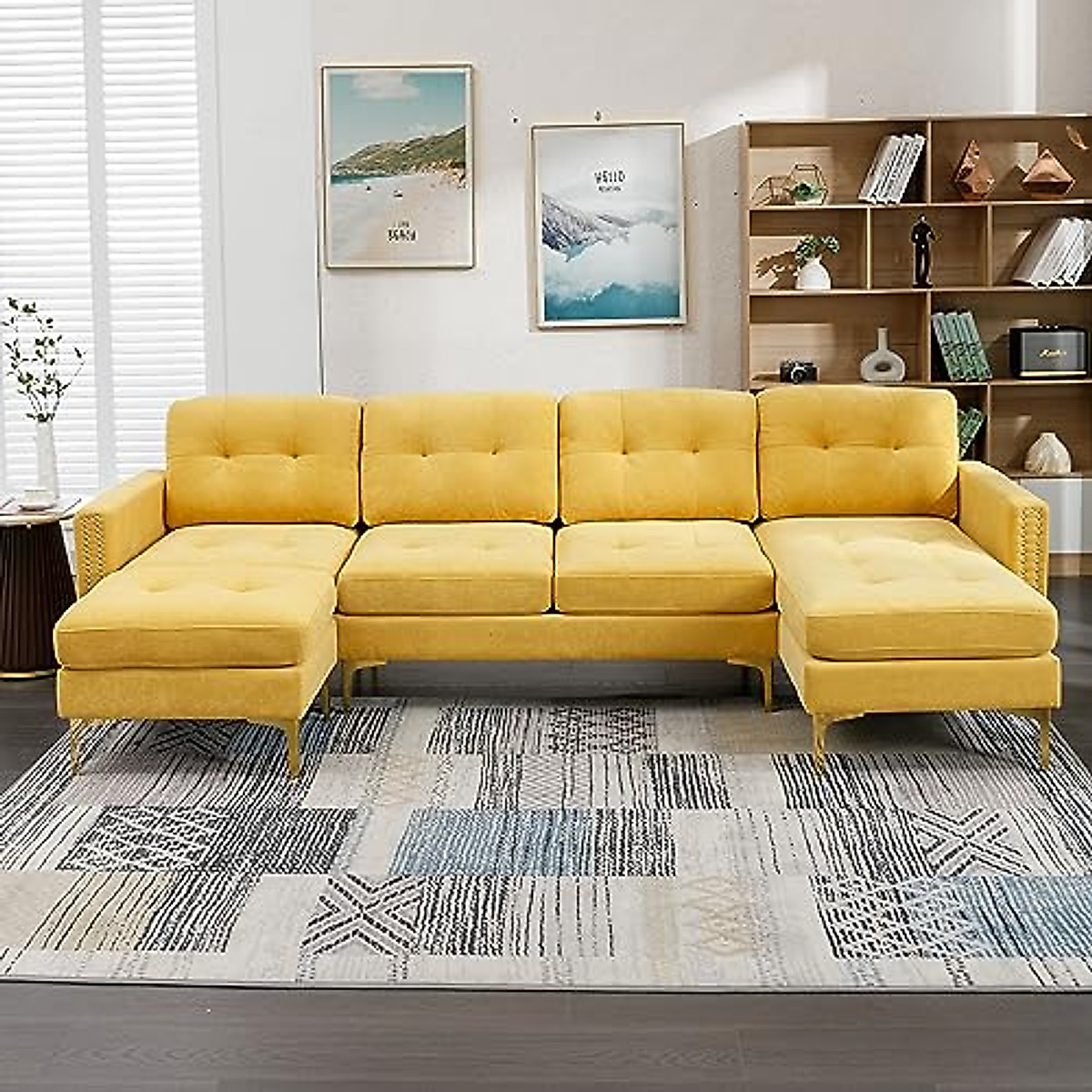 UBGO 110" Large Sofa,Living Room Furniture Sets,U/L-Shape Sectional Chaise Lounge and Convertible Ottoman,Velvet Couches for Apartment,Office (Yellow)