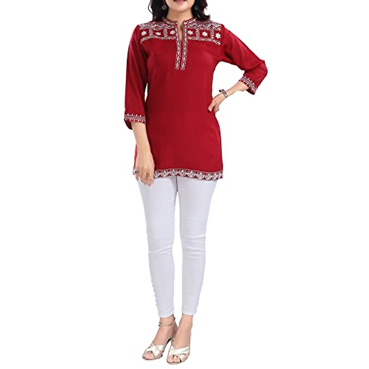IshDeena Indian Kurtis for Women Indian Style Printed Embroidered Tunics Womens Tops Kurta (Extra Large, Red - 0622S1ID2)