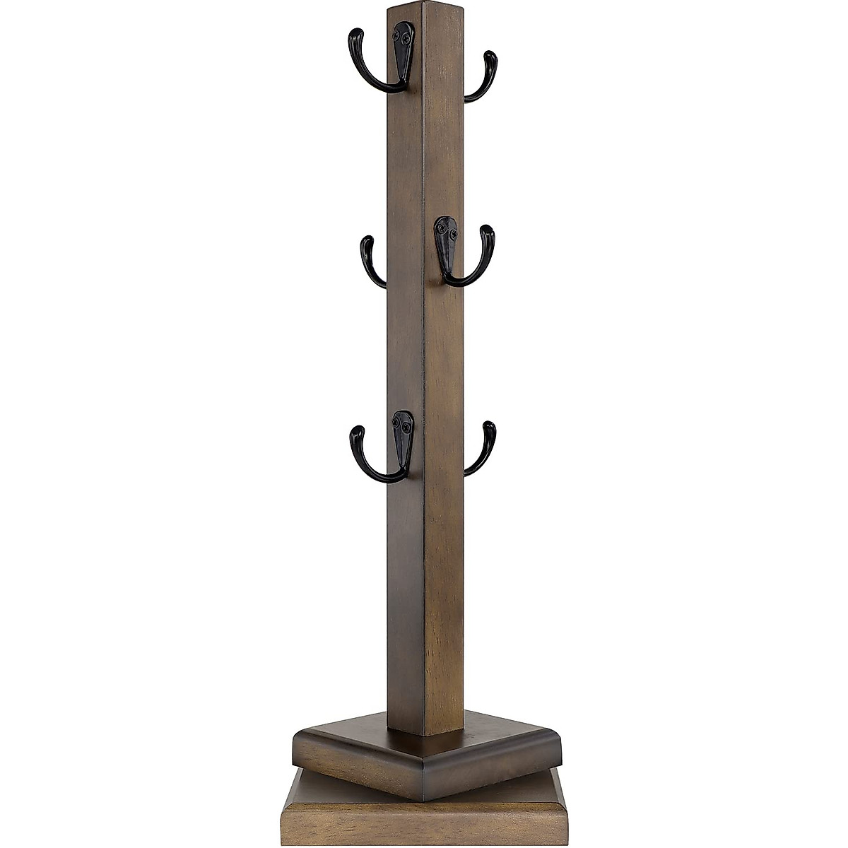 FABILE Coffee Mug Holder with 360 Degree Turn, Coffee Mug Tree, Rotated Solid Wooden Coffee Cup Holder Tree with 6 Metal Black Hooks, Mug Hanger for Kitchen Organizer (Walnut Color)