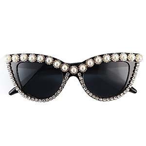 FUPRECIOUS Oversized Cat Eye Sunglasses for Women Handmade Rhinestone Pearl Plastic Frame
