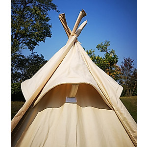 7’x7’x6.5’Outdoor Cotton Canvas 2-3 Person 3 Seasons Bell Teepee Tent with Double Door Spire Tent Pyramid Tents for Family Camping