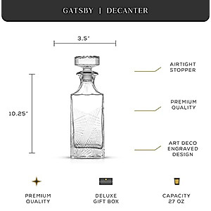 JoyJolt Gatsby Glass Whiskey Decanter. 27 oz Airtight Liquor Dispenser. Liquor Decanter with Stopper. Art Deco Bottle for Whisky, Bourbon, Scotch, Brandy, Cognac, Rum and Bar Cart Accessories