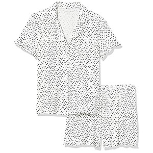 Amazon Essentials Women's Cotton Modal Piped Notch Collar Pajama Set (Available in Plus Size), White Dots Print, Small