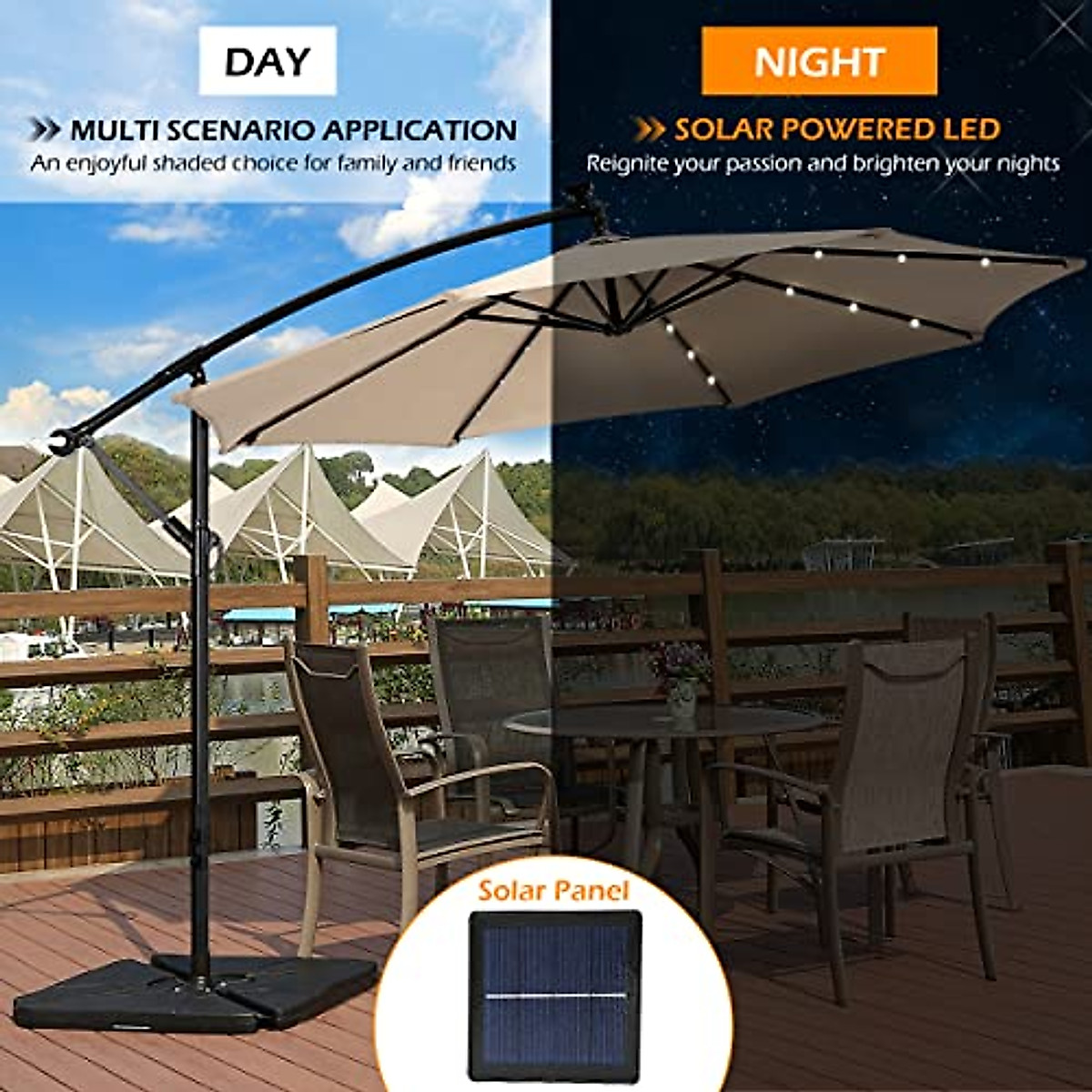 AECOJOY 10FT Patio Outdoor Umbrella with Solar Powered LED Hanging Offset Umbrella with Cross Base, 24 LED Lights for Backyard, Beige