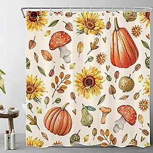 HVEST Fall Shower Curtain and Bathroom Rugs, Pumpkin Sunflower Autumn Leaf and Mushroom on Beige Shower Curtain with Bath Mat, 72X72 inches Farmhouse Fall Thanksgiving Bathroom Shower Curtain Set