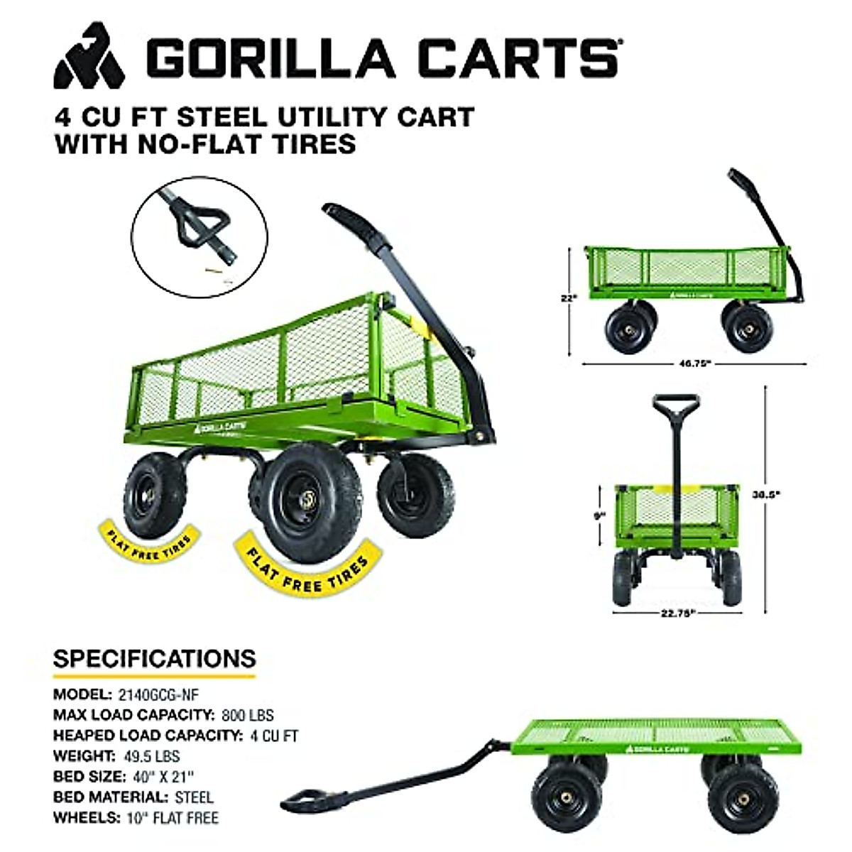 Gorilla Carts 4 Cu. Steel Utility Cart with No-Flat Tires, Green (Amazon Exclusive)