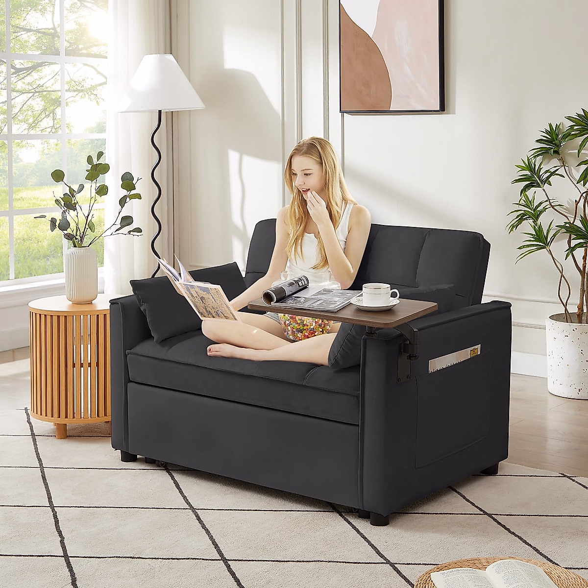 JEEOHEY 3 in 1 Sleeper Sofa Bed,47" Velvet Tufted Futon Pull Out Couch Bed,2 Seater Loveseat Chaise Lounge with Reclining Adjustable Backrest&Table for Living Room,Apartment,Office,Small Space(Black)