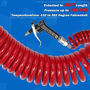 Boeray Heavy Duty Truck Air Duster Blow Gun Cleaning with 9 Meter Long Coil and 2 interchangeable nozzle tips- Red Air Seat Blow Gun Kit