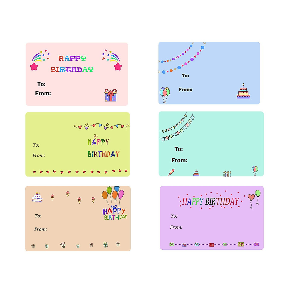 JianDay 350 Adhesive Happy Birthday Stickers, Present Stickers, 1.5 x 2 Inch Birthday Label Stickers for Party Supplies Festival Holiday Presents, 6 Assorted Designs (Rectangle, 1.52 inch)