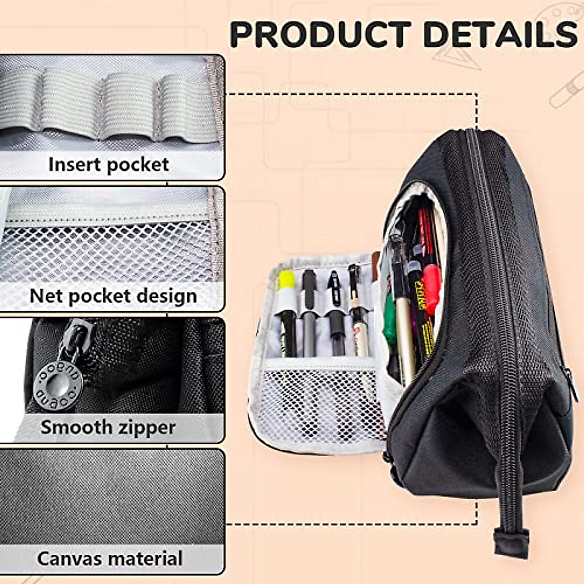 Teskyer Pencil Case, Extra Large Pencil Pouch, Easy to Carry Pencil Bag for Students Men and Women, Black