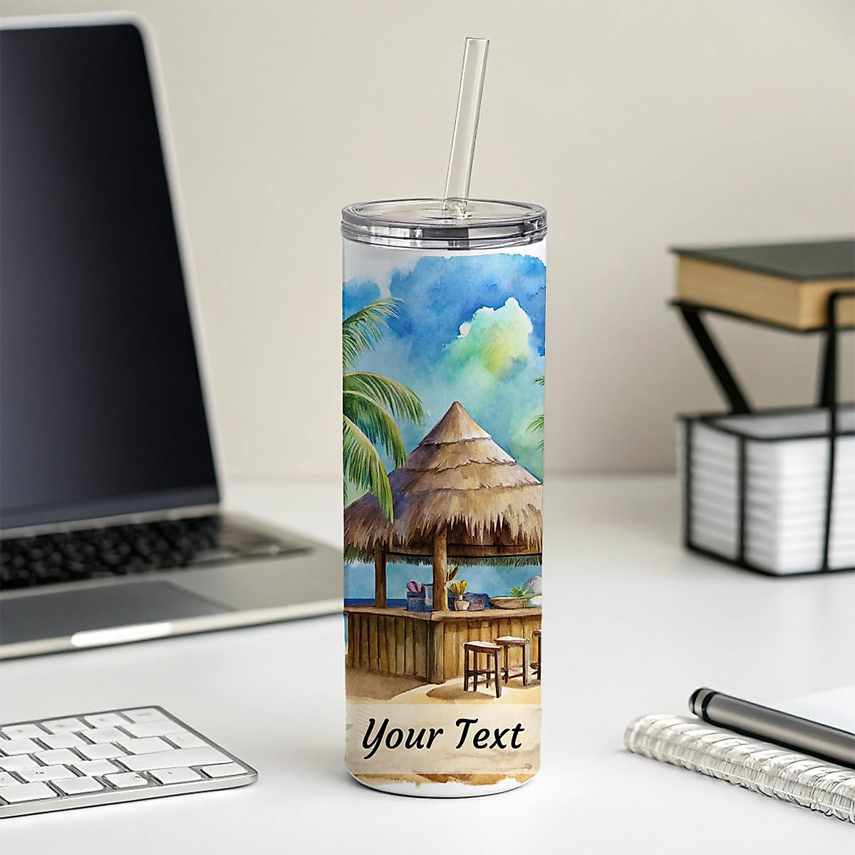 Personalized Custom Name Text Beach Resort Tropical Scene With Tiki Bar Skinny Tumbler 20oz with Straw Insulated Water Bottle Gift - 1 Line Horizontal