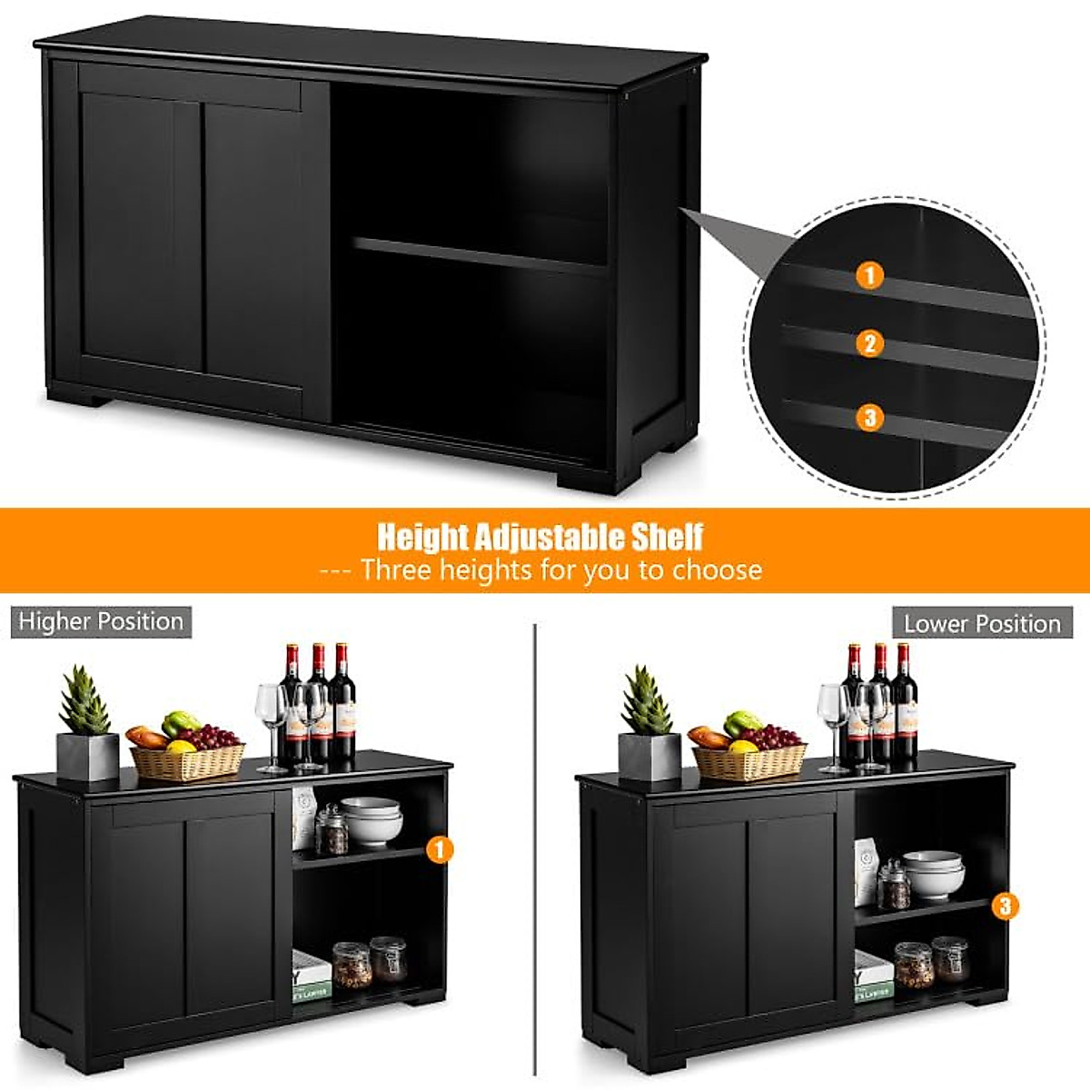 Safeplus 42" Compact Buffet Sideboard with Sliding Wooden Doors and Adjustable Shelf