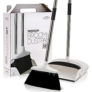 Broom and Dustpan Set for Home - Premium Long Handled Broom Dustpan Combo - Upright Standing Lobby Broom and Dust Pan Brush w/ Handle - Great Edge, Lightweight and Robust