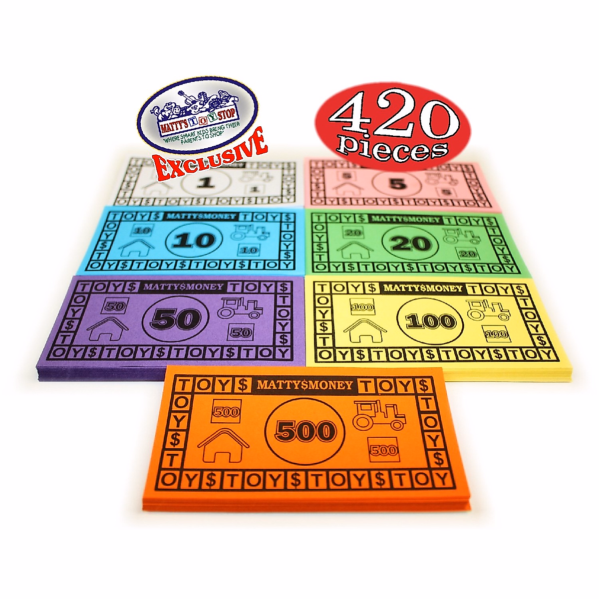 Matty's Money 420 Piece Replacement Play Money Set (60 Pieces Each of $1's, $5's, $10's, $20's, $50's, $100's & $500's) $41,160 in Game Money