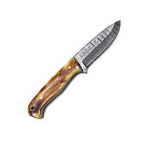 Titan International Knives High Carbon Damascus Steel Hand Forged Hunting,Camping and Survival Knife for Men Fixed Blade and Burnt Camel Bone Handle with Leather Sheath