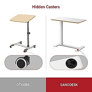 SANODESK Medical Adjustable Overbed Bedside Table with Hidden Casters, Pneumatic Mobile Laptop Computer Standing Desk Cart with Tray, Hospital and Home Use(27.6" W x 15.7" D, White)
