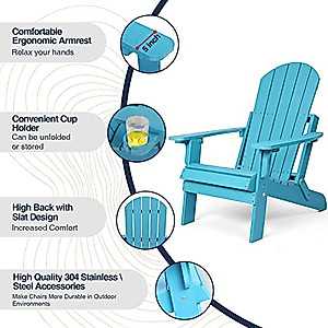 Folding Adirondack Chairs Set of 4, All Weather Resistant Plastic Chair with Cup Holder, Fold or Unfold Easily in 1 Second, Outdoor Chairs for Patio, Garden, Backyard Deck, Lawn, Fire Pit - Lake Blue