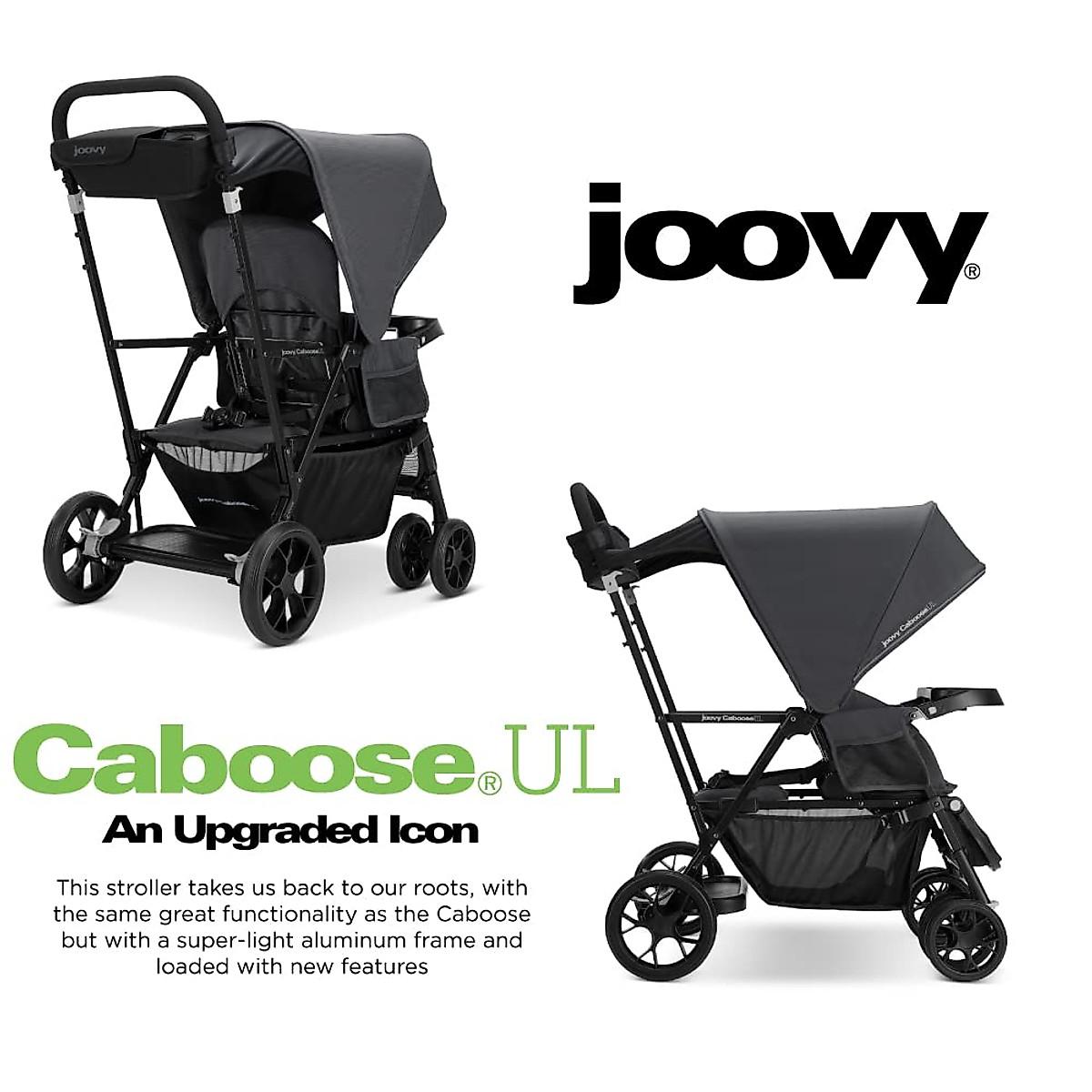 Joovy Caboose UL Sit and Stand Double Stroller with Bench Seat and Standing Platform, Plentiful Storage, Auto-Lock Quick-Fold, and Extended Sun Canopy, Slate