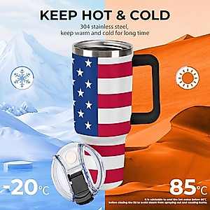 40 oz Tumbler, Large Capacity with Handle and Straw Travel Insulated Tumblers, Red Blue White American Flag Stainless Steel Cup for Women, Men