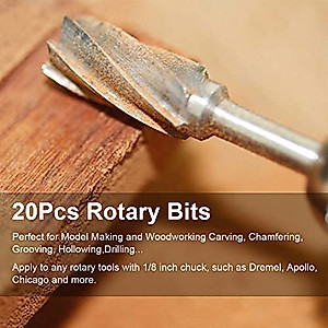 Wood Carving Bits Engraving Router Bit, 20pcs HSS Different Rotary Burr Set with 1/8"(3mm) Shank for Rotary Tools for DIY Woodworking, Carving, Drilling, Engraving, Trimming