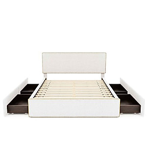 ATY Upholstered Queen Size Bed with 4 Drawers and Headboard, Wood Platform Bedfrme w/Footboard & Storage, Save Space for Bedroom, Livingroom, Guestroom, No Spring Needed Required, White