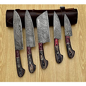 Hand Forged Chef Knives Kitchen Set Damascus Steel Knives Handmade Knife Set,Professional Chef Knives Set Vegetable Meat Cooking Knife Tools Accessories with Beige Solid Wood Handle,5 Pieces Set Knife
