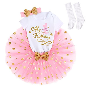 Mini Polka Dots It's My 1/2 /1st /2nd/3rd Birthday 4 Piece Outfits for Cake Smash Romper Bodysuit Tutu Skirt Set Headband Socks Formal Baptism Christening Dance Evening Ball Gown Pink-1st 1T
