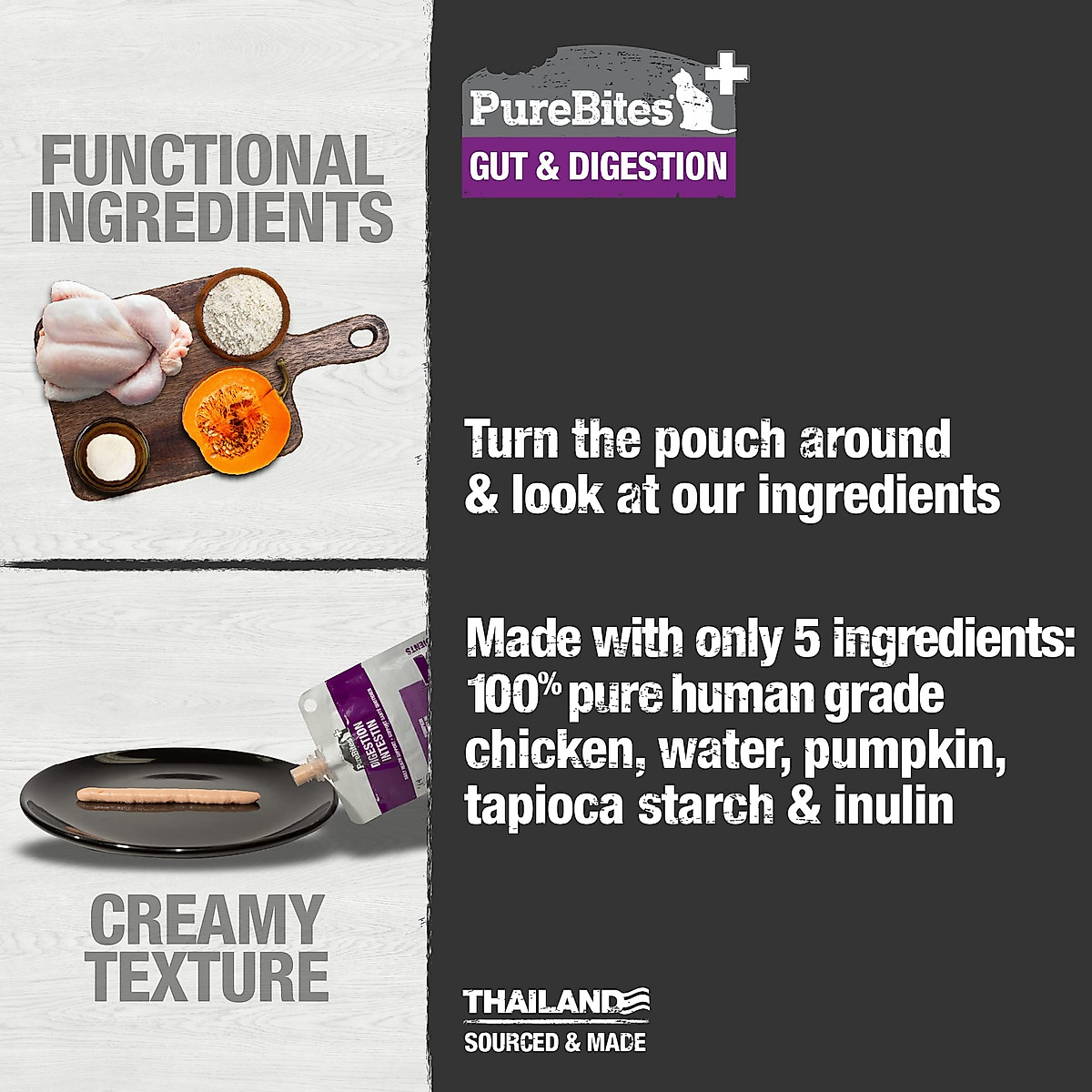 PureBites+ Gut & Digestion Squeezables for Cats, only 5 Ingredients, case of 15