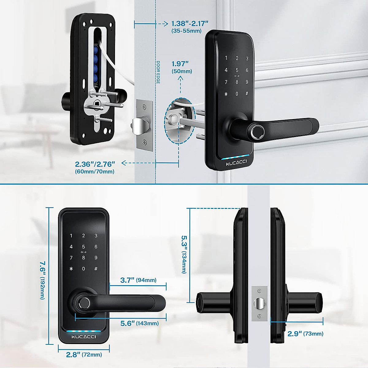 KUCACCI Smart Door Lock, Keyless Entry Door Lock, Fingerprint Door Lock, Digital Door Lock, Keypad Door Lock with Handle, Bluetooth WiFi Door Locks, Smart Door Handle for Smart Home(Black)