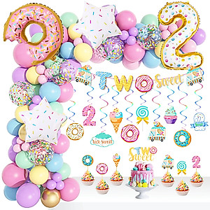Amandir 145Pcs Two Sweet Birthday Decorations, Donut Birthday Party Supplies for Girls Two Sweet Banner Donut Balloon Garland Kit Cake Topper Swirls for Ice Cream Baby Second 2nd Birthday Party Decor