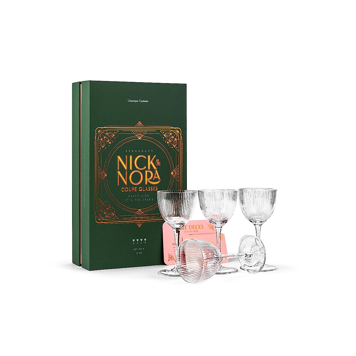 Vintage Art Deco Nick and Nora Coupe Glasses | Set of 4 | 5 oz Crystal Ribbed Cocktail Glassware for Drinking Classic Gin, Whiskey, Vodka Bar Drinks | Retro Long Stemmed Barware Goblets
