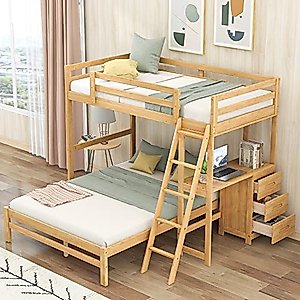 POCIYIHOME Twin Over Full Bunk Bed with Built-in Desk and Three Drawers, Wood Bunk Bed with Full-Length Guardrail & Solid Slat Support for Kids,Teens Bedroom, No Box Spring Needed, Natural