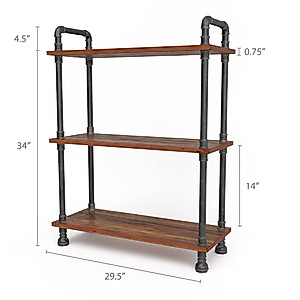 Barnyard Designs Rustic Industrial Bookshelf - Real Pine Wood with Sturdy Metal Frame - Tier Bookcase for Displaying Decor - No Tools Required Assembly (3-Shelf)