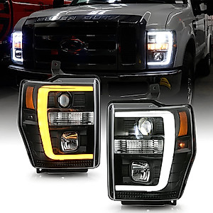 ACANII - For 2008-2010 Ford F250 F350 SuperDuty Black w/Switchback LED Tube Built-In LED Projector Headlights Headlamps