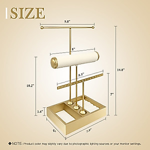 Funlove Jewelry Organizer Stand 3-in-1 Holder for Necklaces Bracelet Earrings & Ring, Tree Jewelry Tower Metal & Wood-Gold