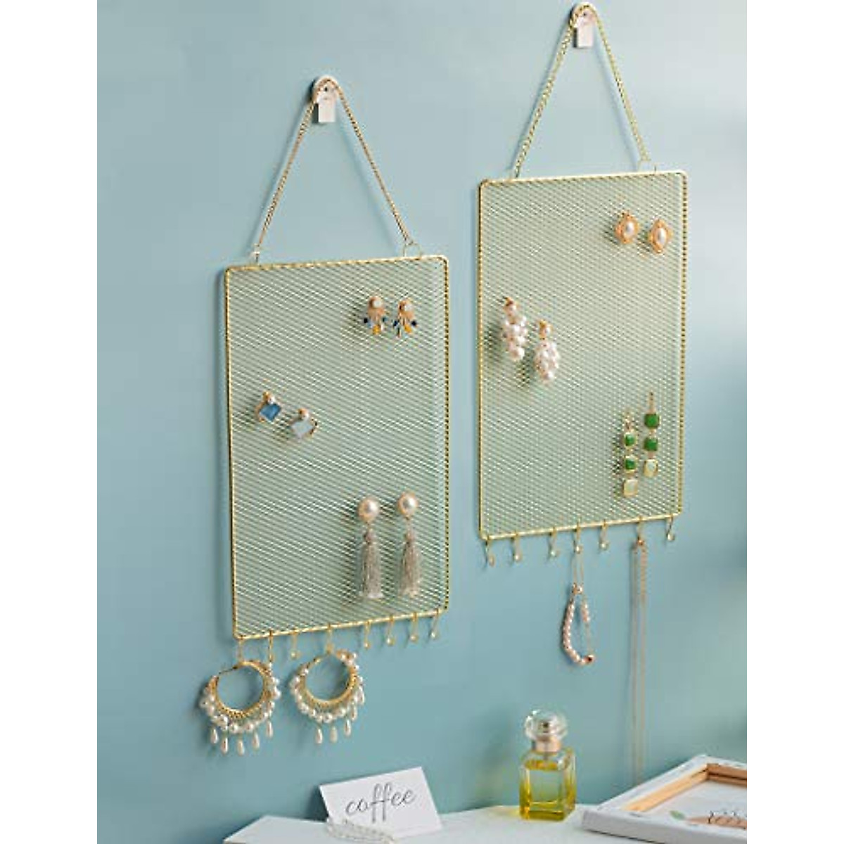 Heesch 2pack Earring Wall Holder Hanging Earring Organizer Wall Mounted Jewelry Organizer Stud Holder Diamond Grid with Hooks for Necklaces Bracelets (Small Grid)